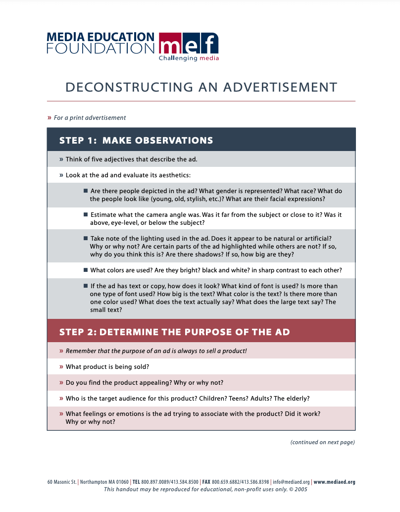 Free Handout: Deconstructing an Advertisement