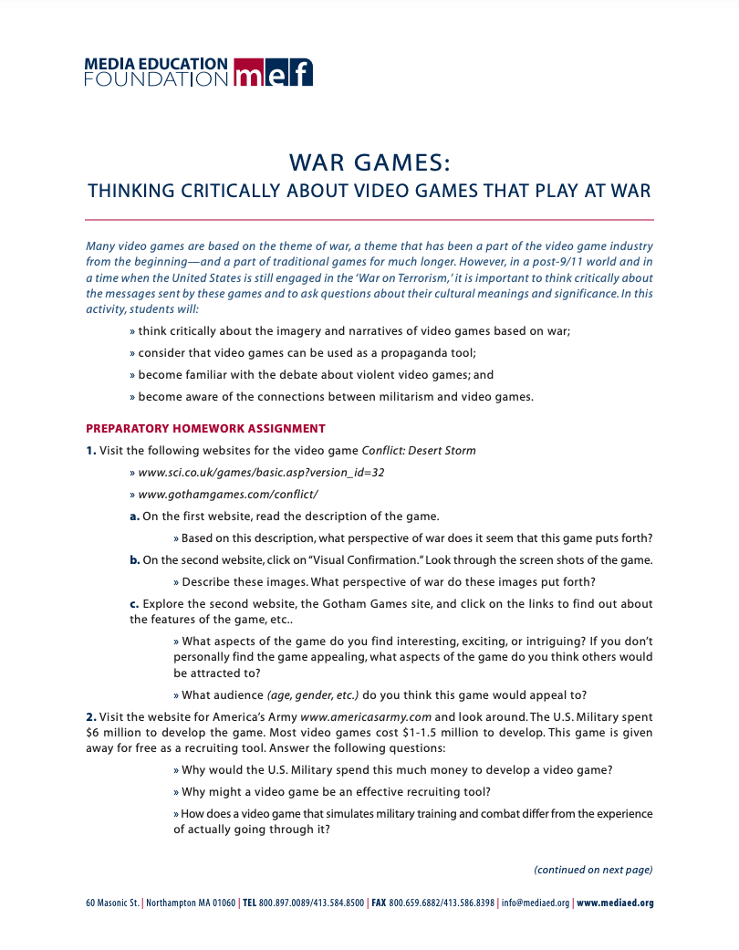Free Handout: War Games: Thinking Critically About Video Games That ...
