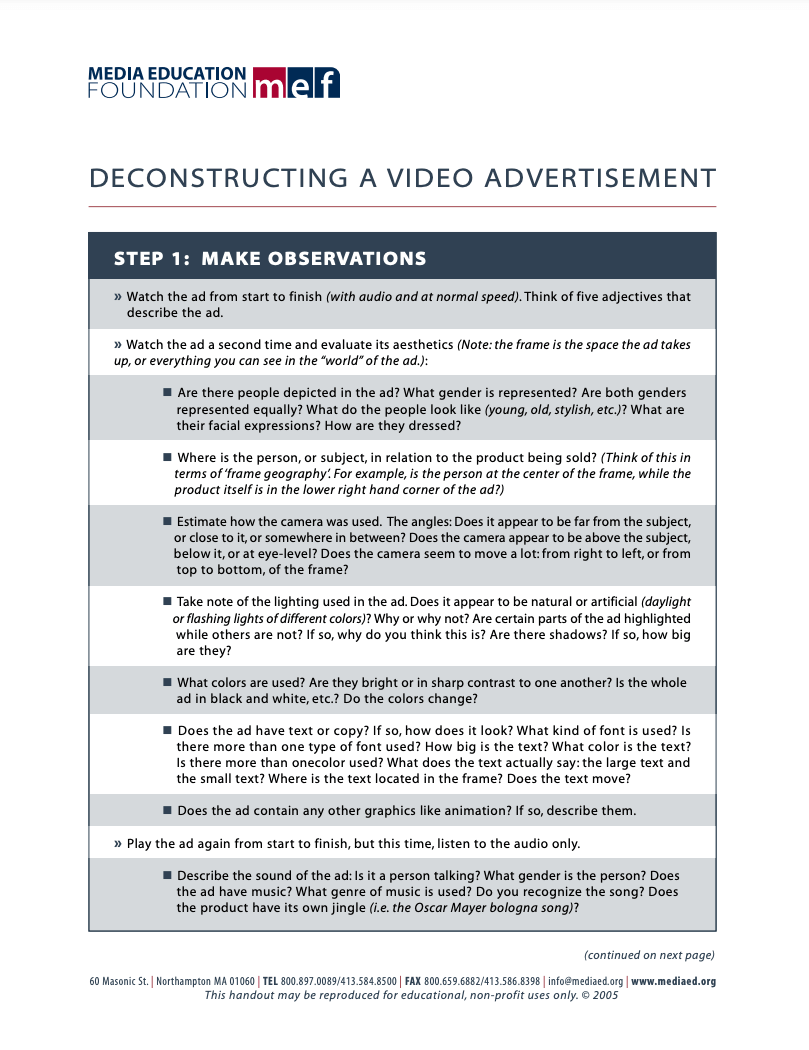 Free Handout: Deconstructing A Video Advertisement